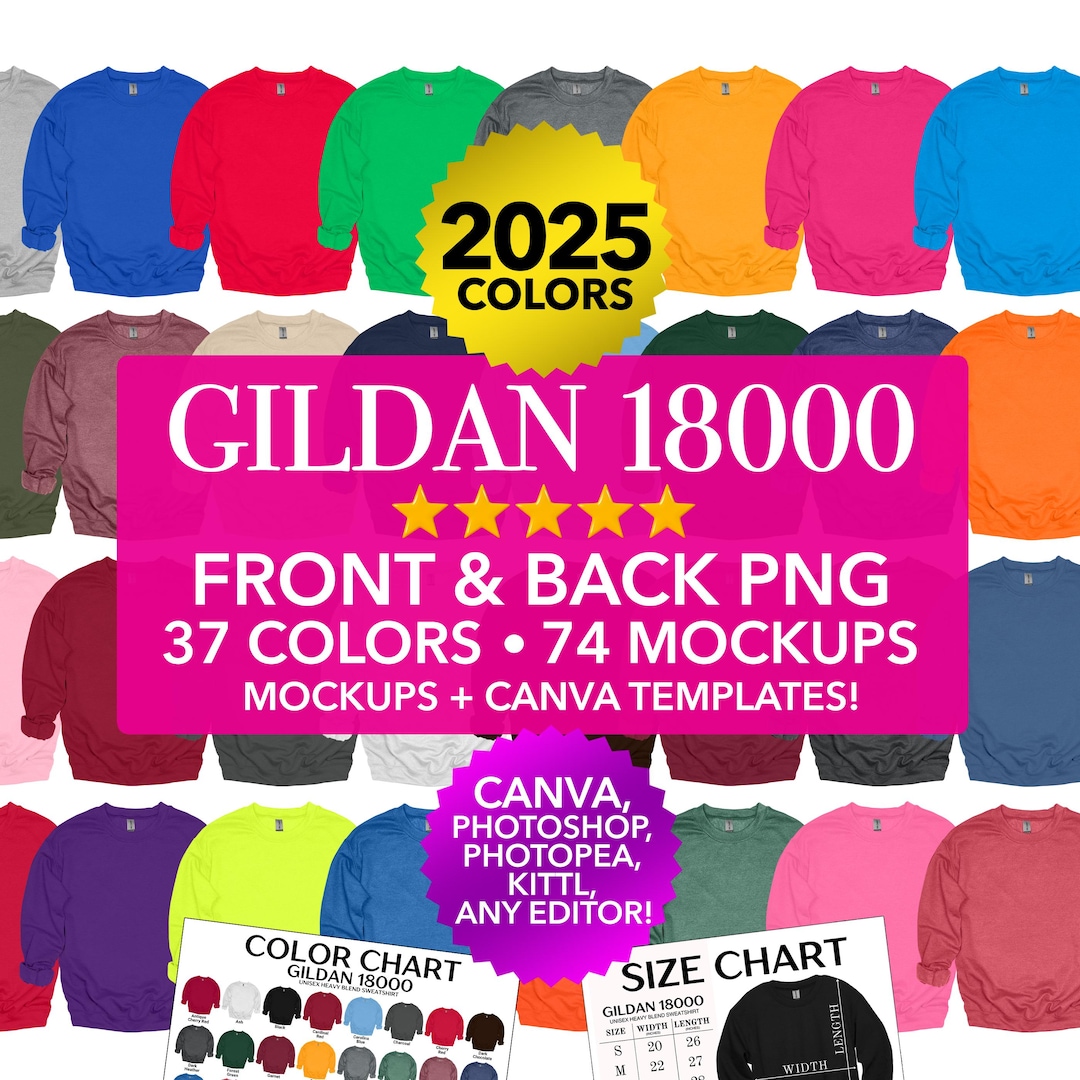 Gildan 18000 Mockup Bundle: Front & Back PNG, Color Chart (canva ...
