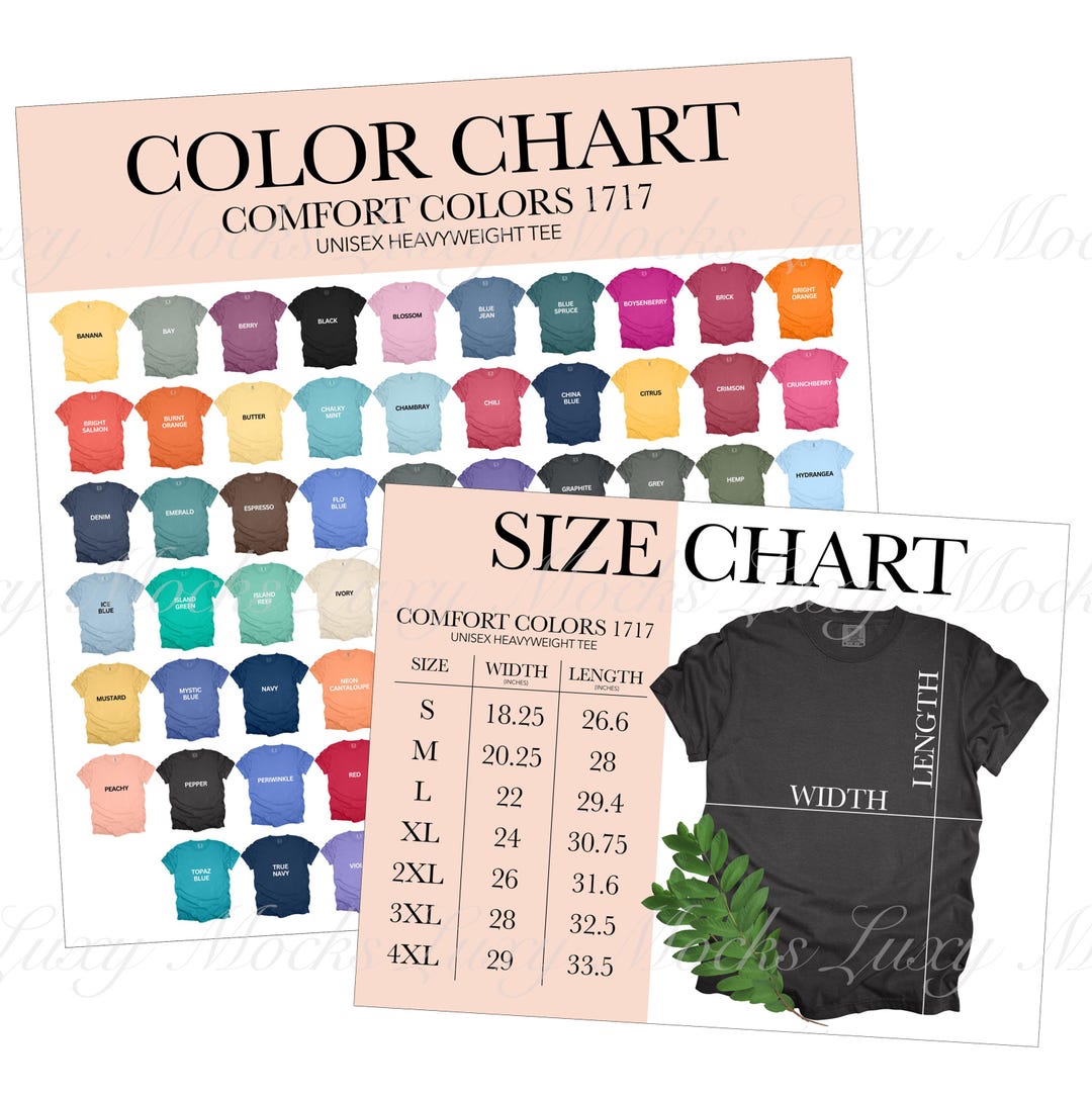 Comfort Colors 1717 Color Chart and Size Chart Bundle 2 JPEG Files High ...