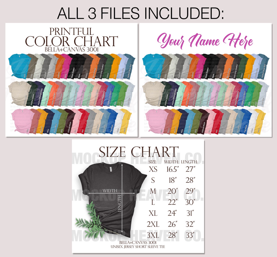 Printful Bella Canvas 3001 Color Chart Size Chart T-shirt | Etsy