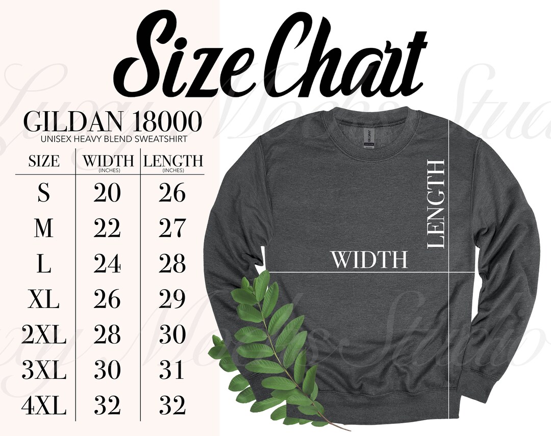 Gildan 18000 G180 Size Chart Unisex Heavy Blend Sweatshirt Size Chart ...