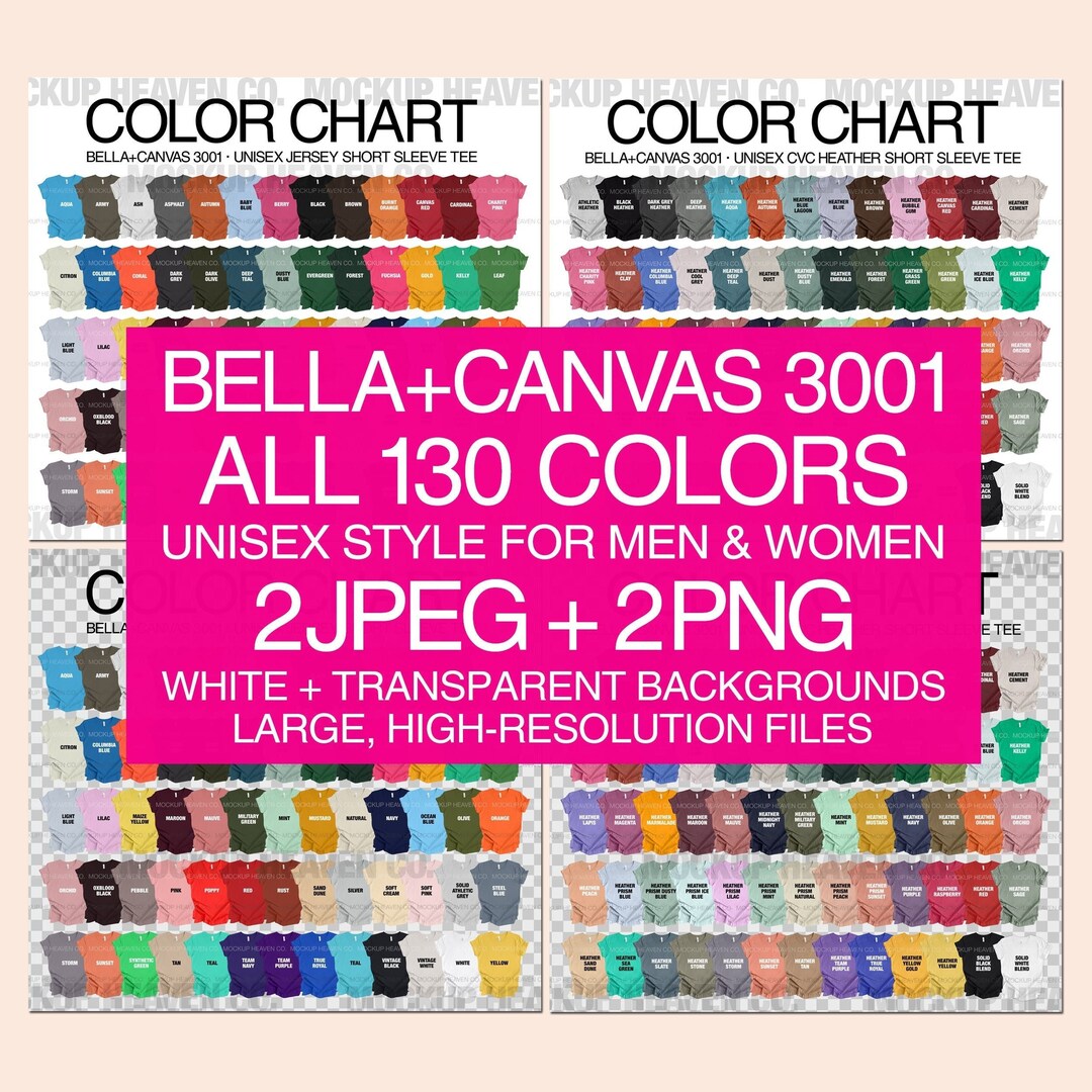 Bella Canvas 3001 Unisex Mockup Color Chart All 130 Colors Jersey + CVC ...