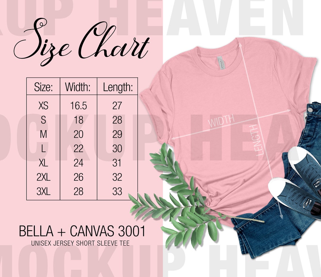 Bella Canvas 3001 Size Chart Pink Color T-shirt Mockup for Print on ...