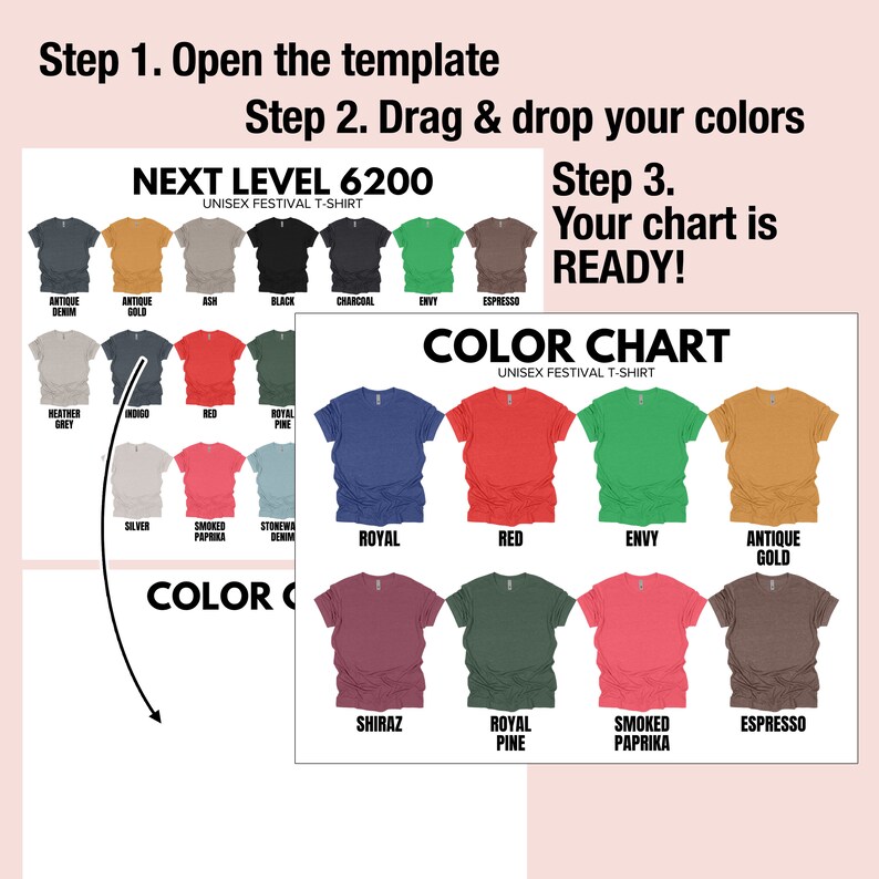 Next Level 6200 Color Chart + Size Chart + PNG Mockup (canva Editable ...