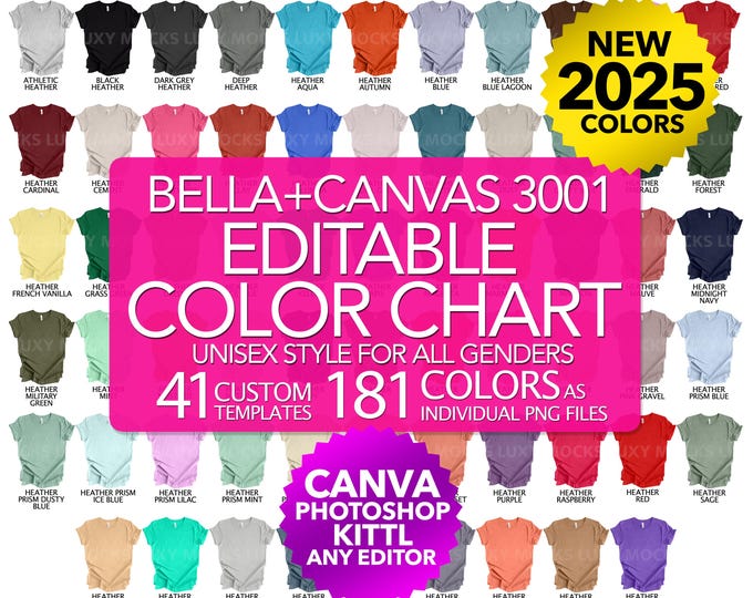 Bella Canvas Size Chart, Bella Canvas 3001, Color Chart Bundle Printify ...