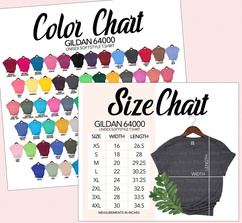 Gildan 64000 G640 Color Chart and Size Chart Bundle JPEG - Etsy
