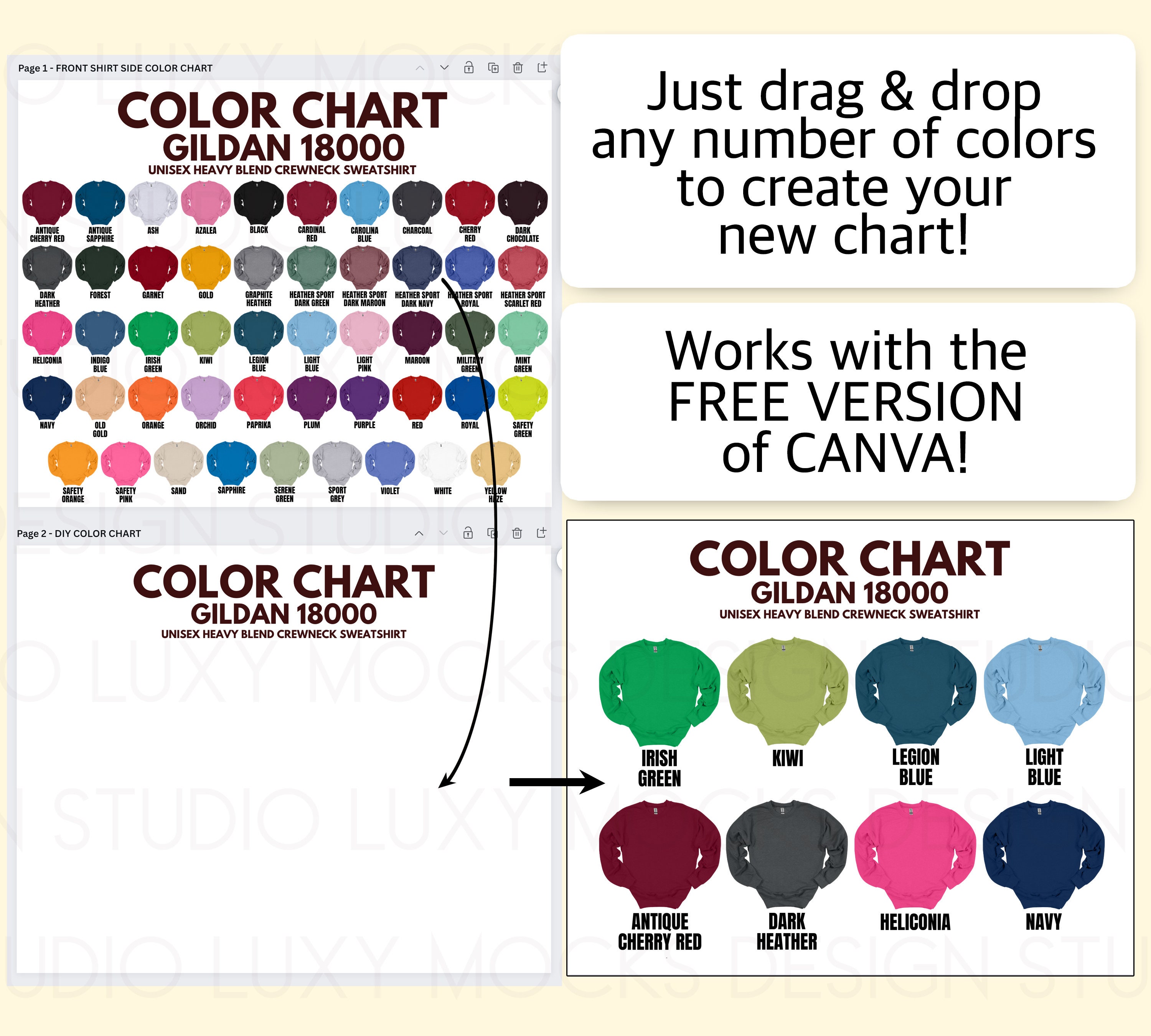 Gildan 18000 Color Chart & Size Chart Canva Template (PNG Mockup) - Etsy