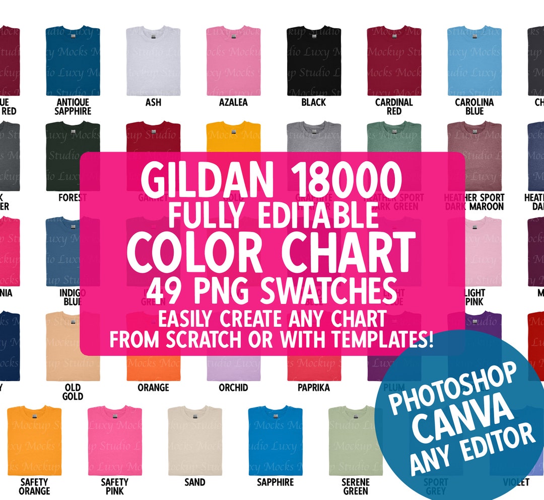 Gildan 18000 G180 DIY Editable Color Chart | 49 Colors as PNG ...