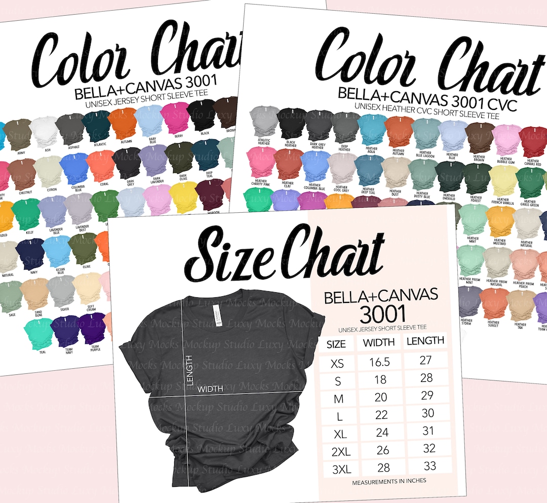 Bella Canvas 3001 Full Color Chart + Size Chart Bundle | 3 JPEG Files ...