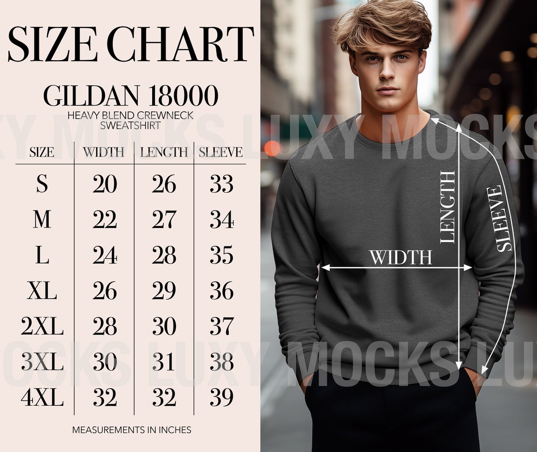 Gildan 18000 G180 Size Chart | Men's Gildan 18000 Sweatshirt Size Chart ...