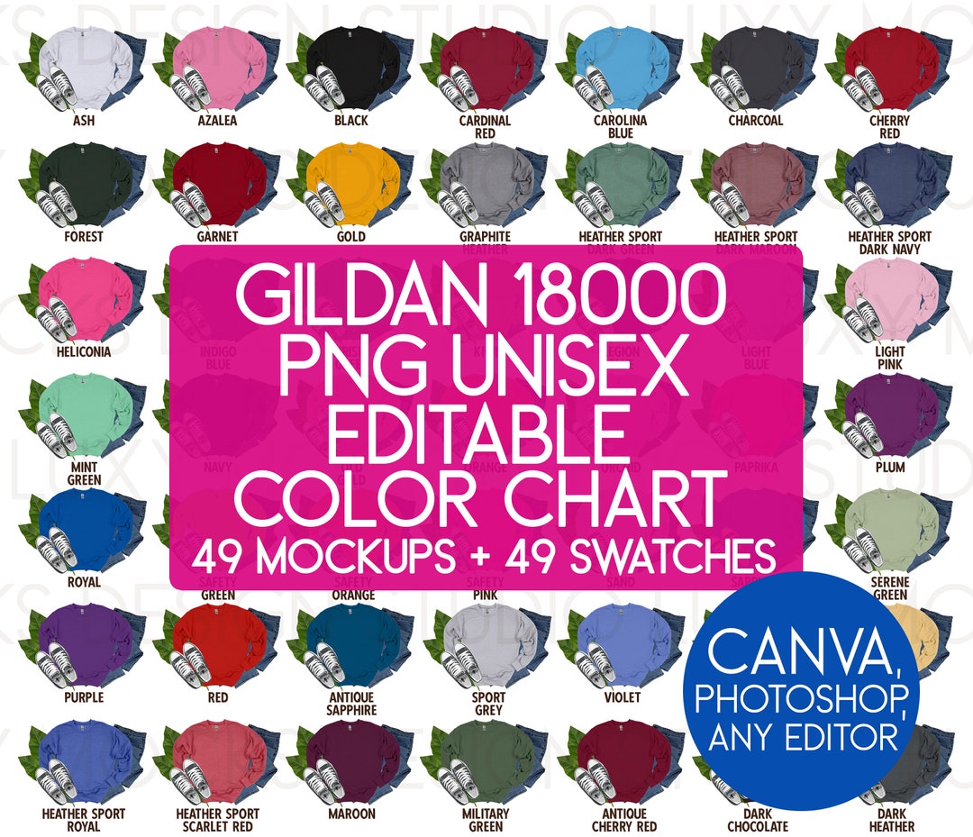 Gildan 18000 G180 Editable Color Chart Swatches PNG Mockup Bundle ...