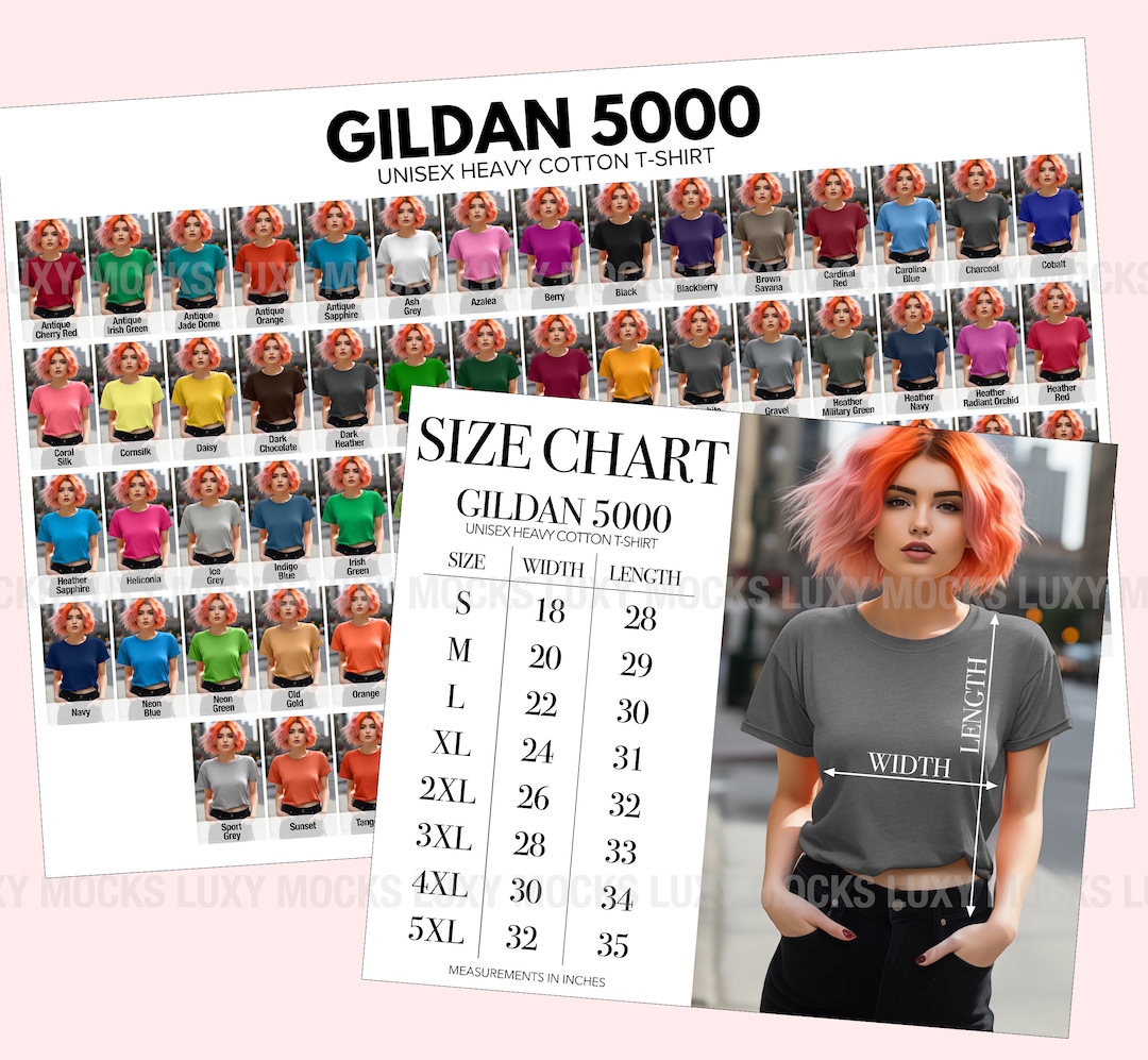 Gildan 5000 G500 Color Chart Size Chart Bundle Women's Fit T-shirt Size ...