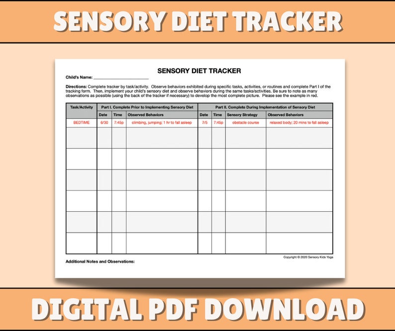Sensory Diet Tracker Digital Download Sensory Processing Disorder, ADHD ...