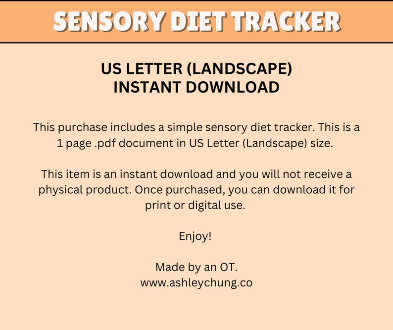 Sensory Diet Tracker Digital Download | Sensory Processing Disorder ...