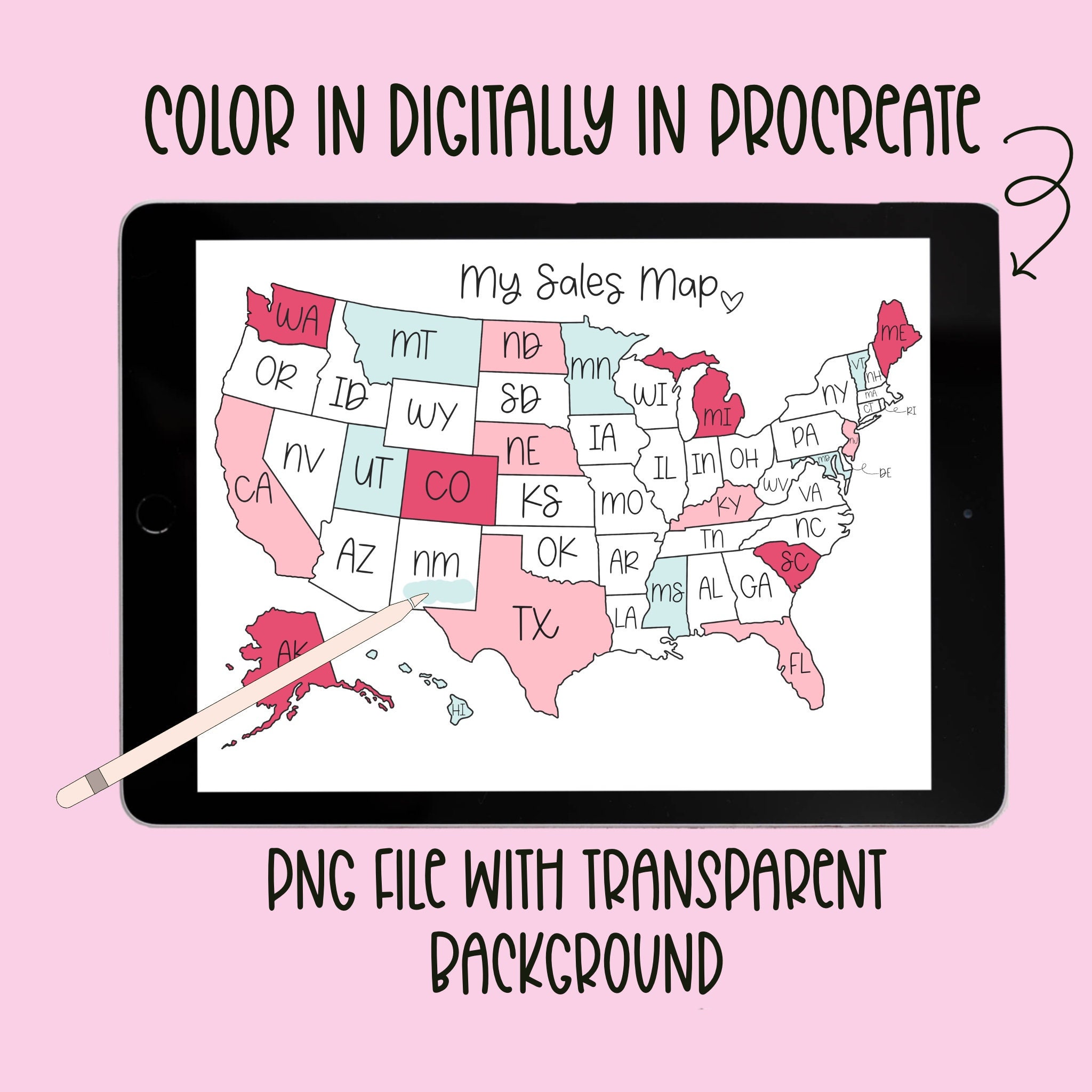 United States Sales Map, Printable Sales Map, Sales Map for Procreate ...