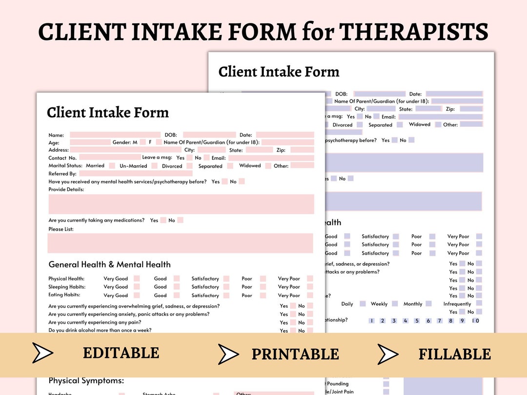 Therapy Client Intake Form Template: Fillable & Printable Counseling ...