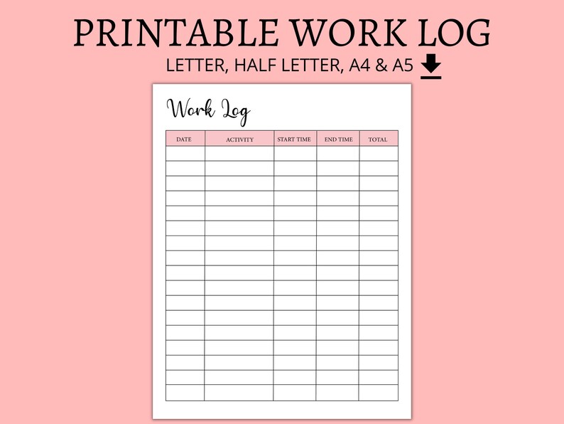 Work Log Printable, Time Log Printable, Time Tracker, Work Tracker ...