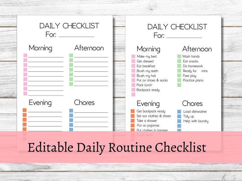 Chore Chart for Kids,daily Checklist Editable, Daily Routine Printable ...