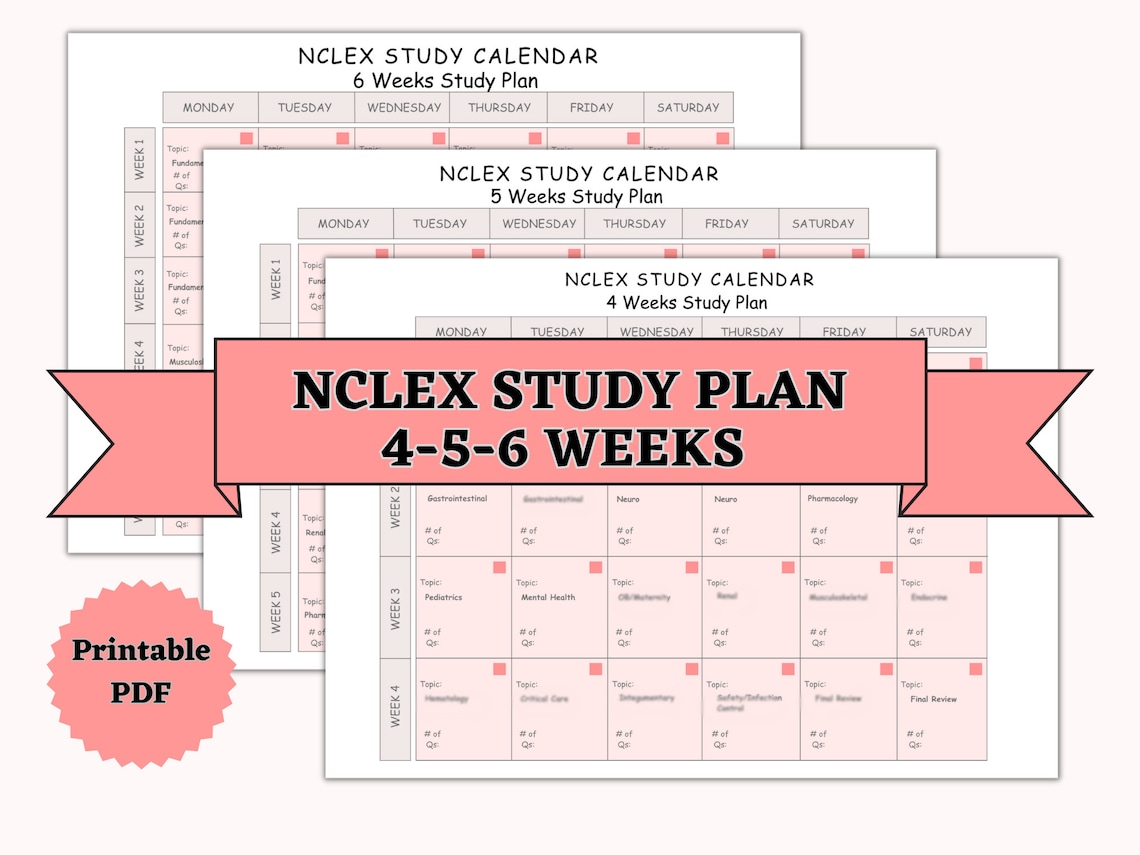 NCLEX Study Plan Calendar: 4, 5, 6 Week Guide (printable PDF) - Etsy