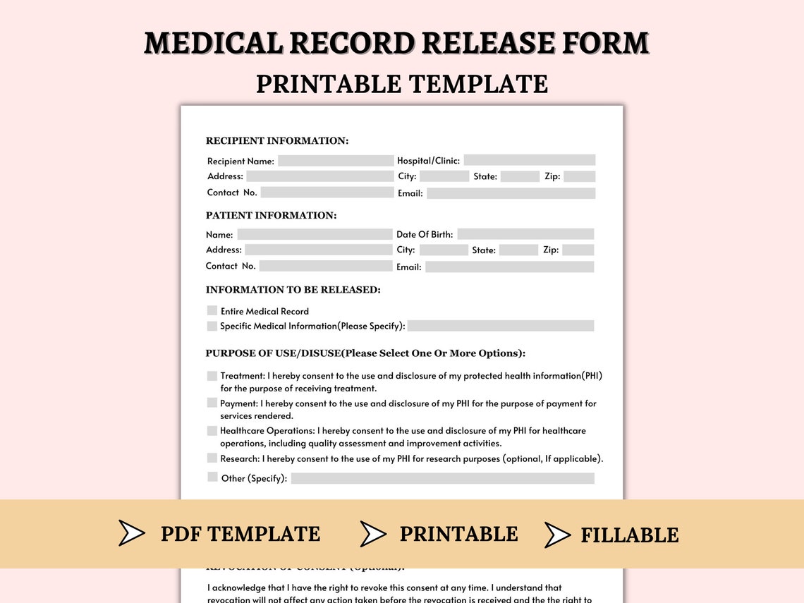 Medical Record Release Form Template: Printable/fillable/digital - Etsy