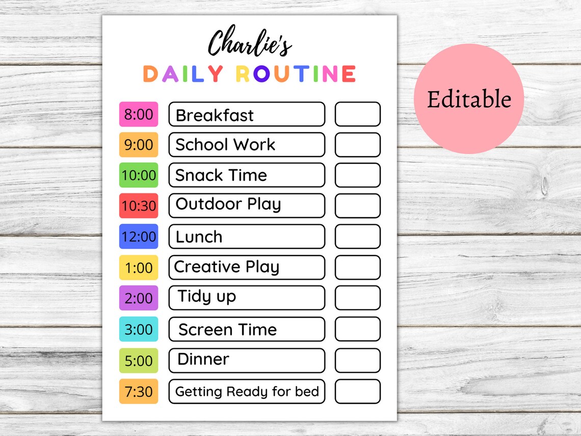 Daily Routine Chart for Kids, Editable Daily Checklist, Chore Chart for ...