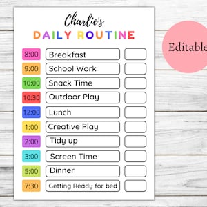 Daily Routine Chart for Kids, Editable Daily Checklist, Chore Chart for ...