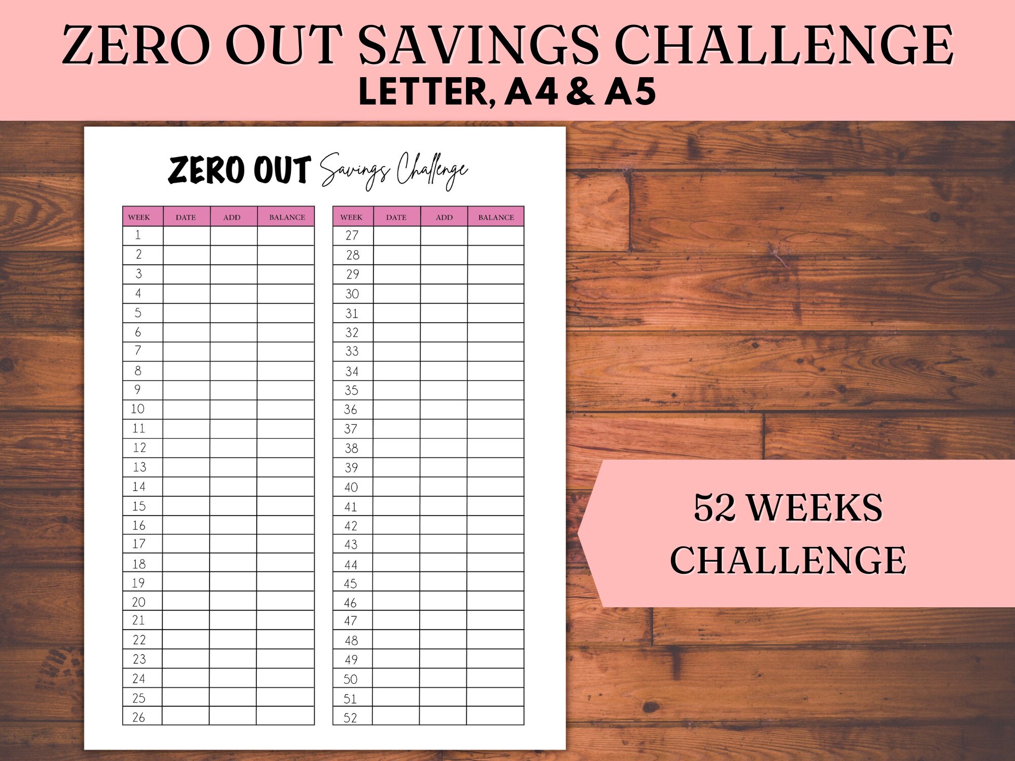 Zero Out Savings Challenge, 52 Weeks Savings Challenge Tracker, Saving ...