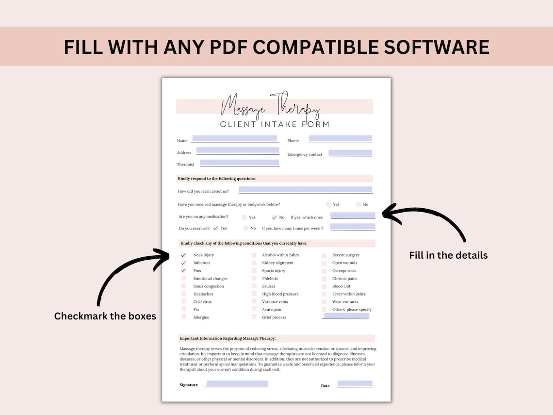 Massage Therapy Client Intake Form Template, Massage Consent, Massage ...