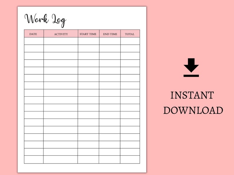 Work Log Printable, Time Log Printable, Time Tracker, Work Tracker ...