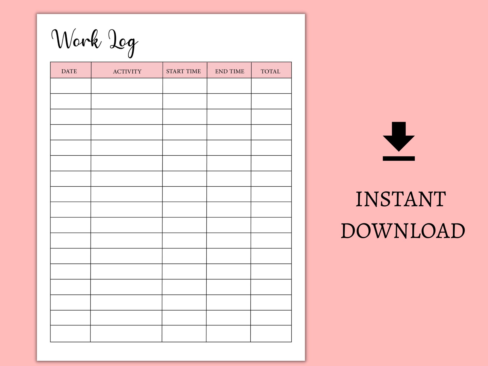 Work Log Printable, Time Log Printable, Time Tracker, Work Tracker ...