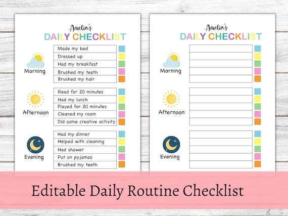 Editable Daily Routine Checklist for Kids Chore Chart for | Etsy