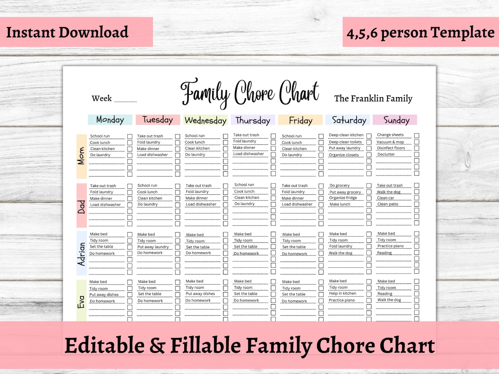 Family Chore Chart, Adult Chore Chart, Editable Chore Chart, Family ...
