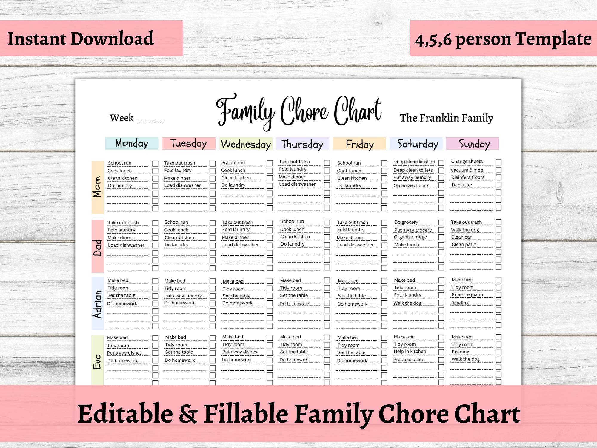 Family Chore Chart, Adult Chore Chart, Editable Chore Chart, Family ...