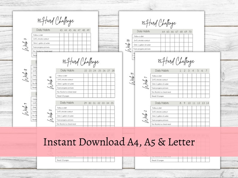 75 Day Challenge Tracker 75 Printable Hard 75 Tracker Habit Tracker 75 ...