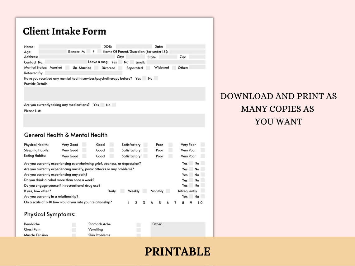 Therapy Client Intake Form Template: Fillable Counseling Paperwork (PDF ...
