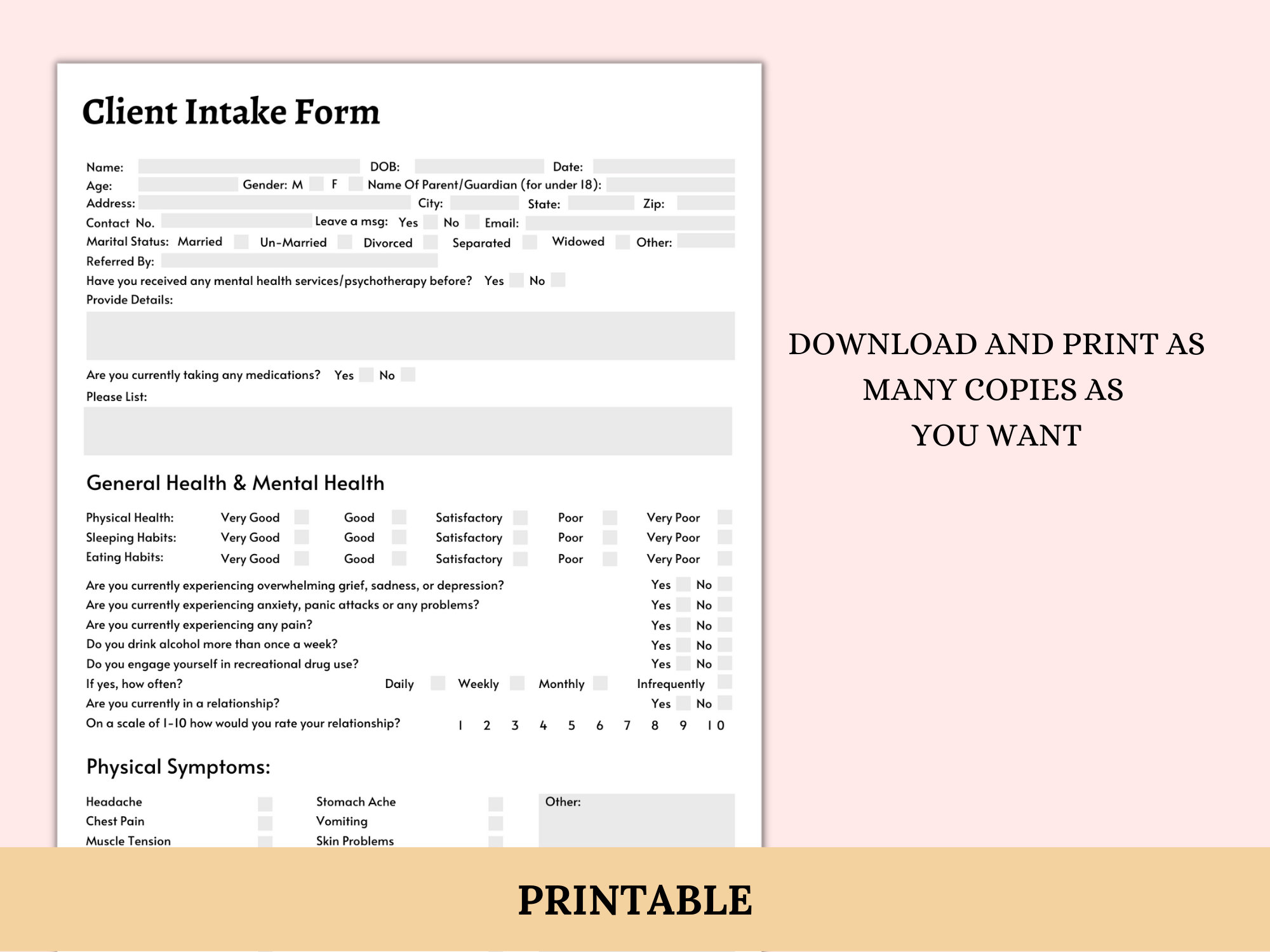 Therapy Client Intake Form Template: Fillable Counseling Paperwork (PDF ...