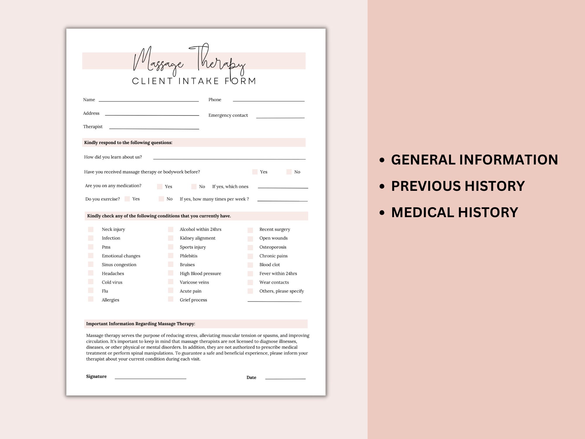 Massage Therapy Client Intake Form Template: Spa Consultation ...