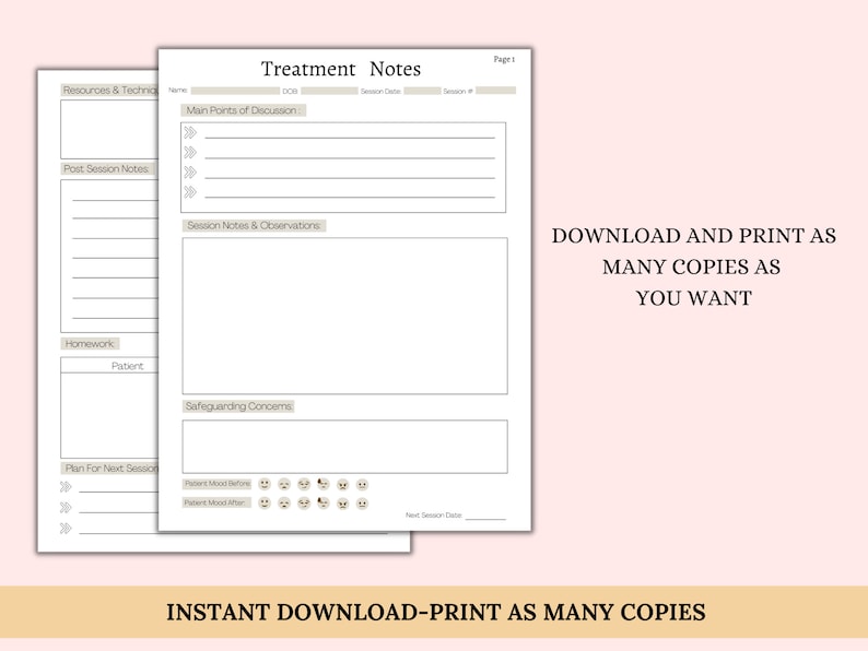 Treatment Notes Template | Therapist Notes Template for Clients ...