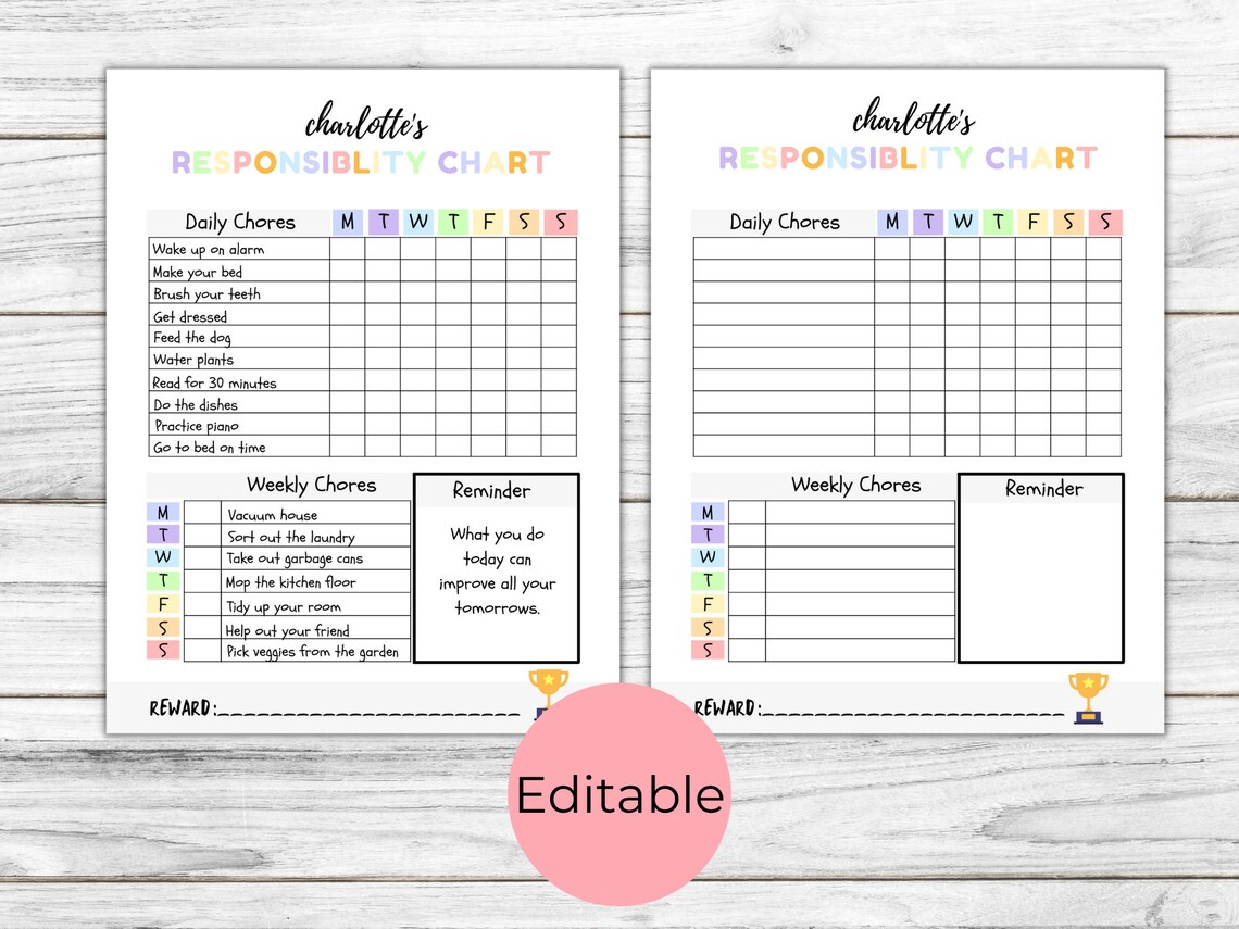 Chore Chart for Kids, Daily Weekly Routine, Printable Responsibility ...