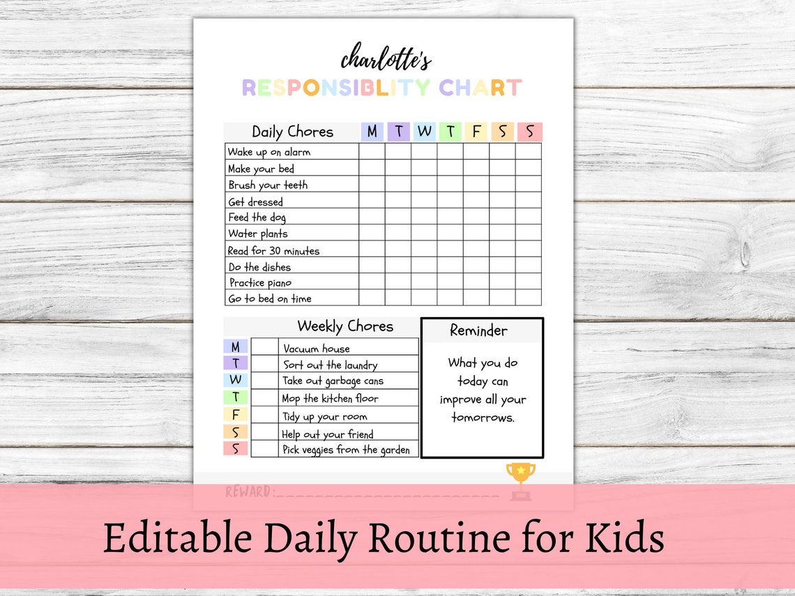 Chore Chart for Kids, Daily Weekly Routine, Printable Responsibility ...