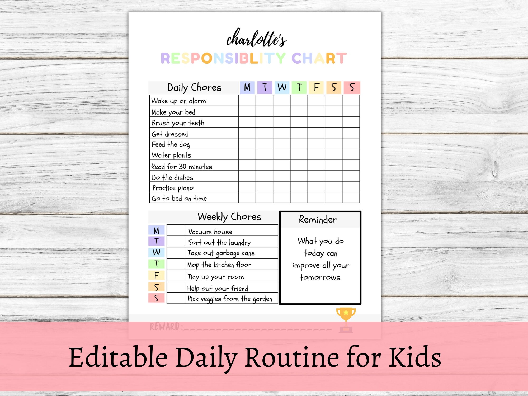 Chore Chart for Kids, Daily Weekly Routine, Printable Responsibility ...