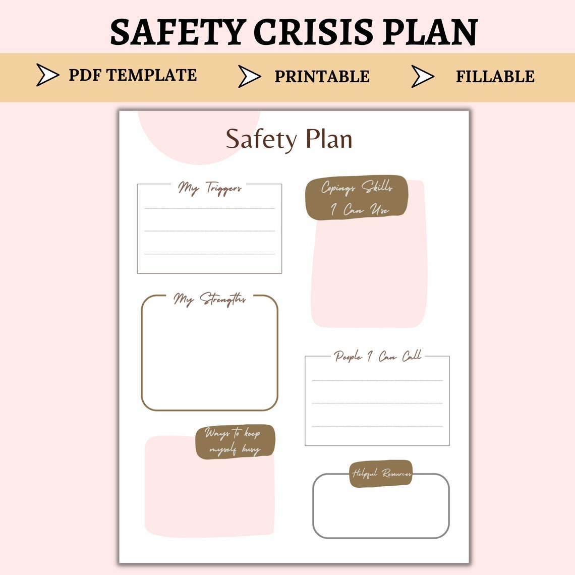 Safety Crisis Plan Template, Therapist Tools, Therapeutic Worksheet ...