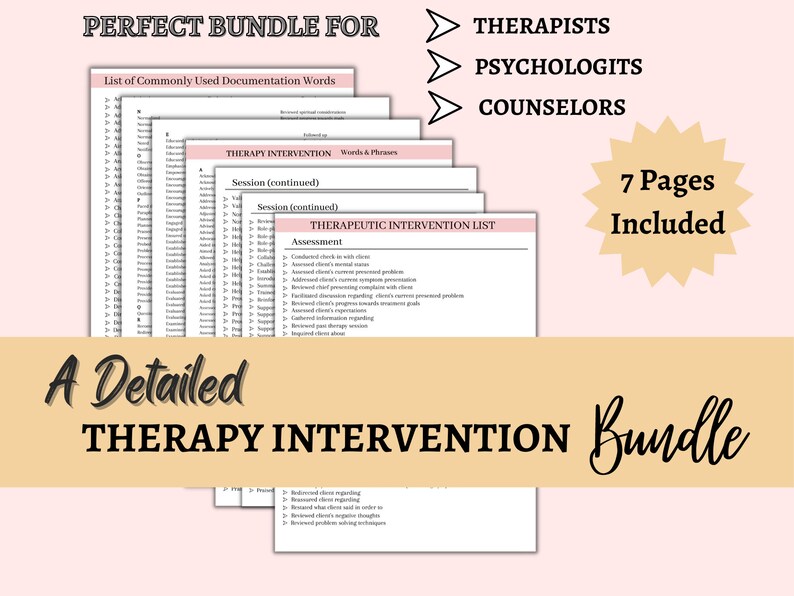 Therapeutic Intervention List Therapist Cheat Sheet Therapy - Etsy