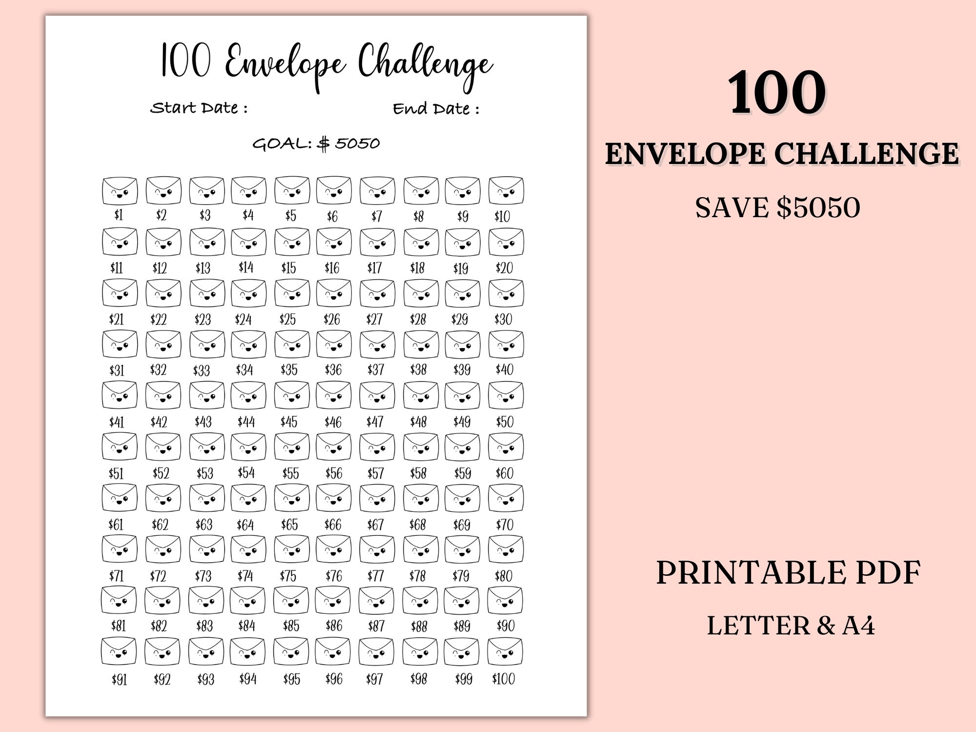 100 Envelope Challenge Printable, Money Savings Challenge, Savings ...