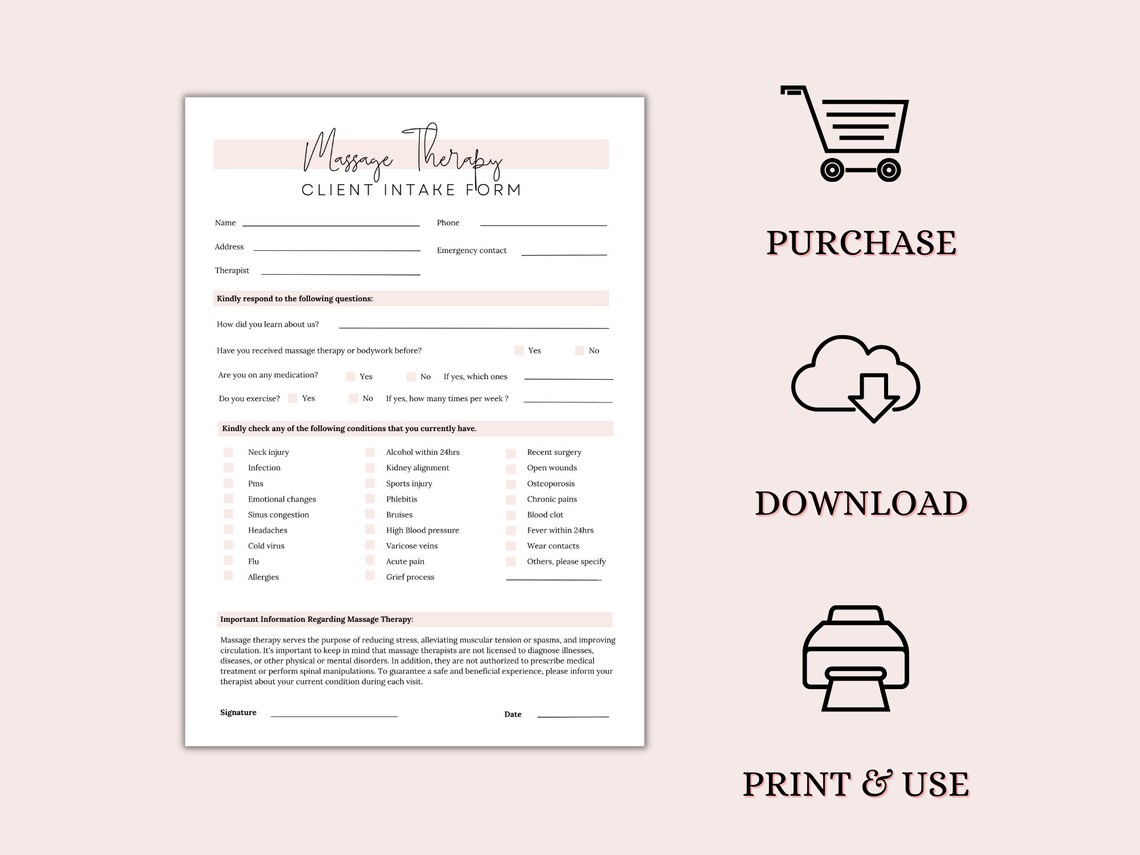 Massage Therapy Client Intake Form Template, Massage Consent, Massage ...