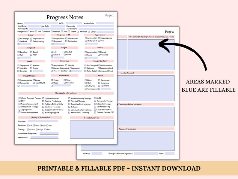 Therapy Client Progress Notes Template: Printable & Fillable PDF - Etsy