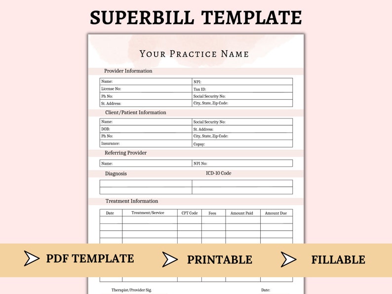 Superbill Template for Mental Health Provider / Therapist | Fillable ...