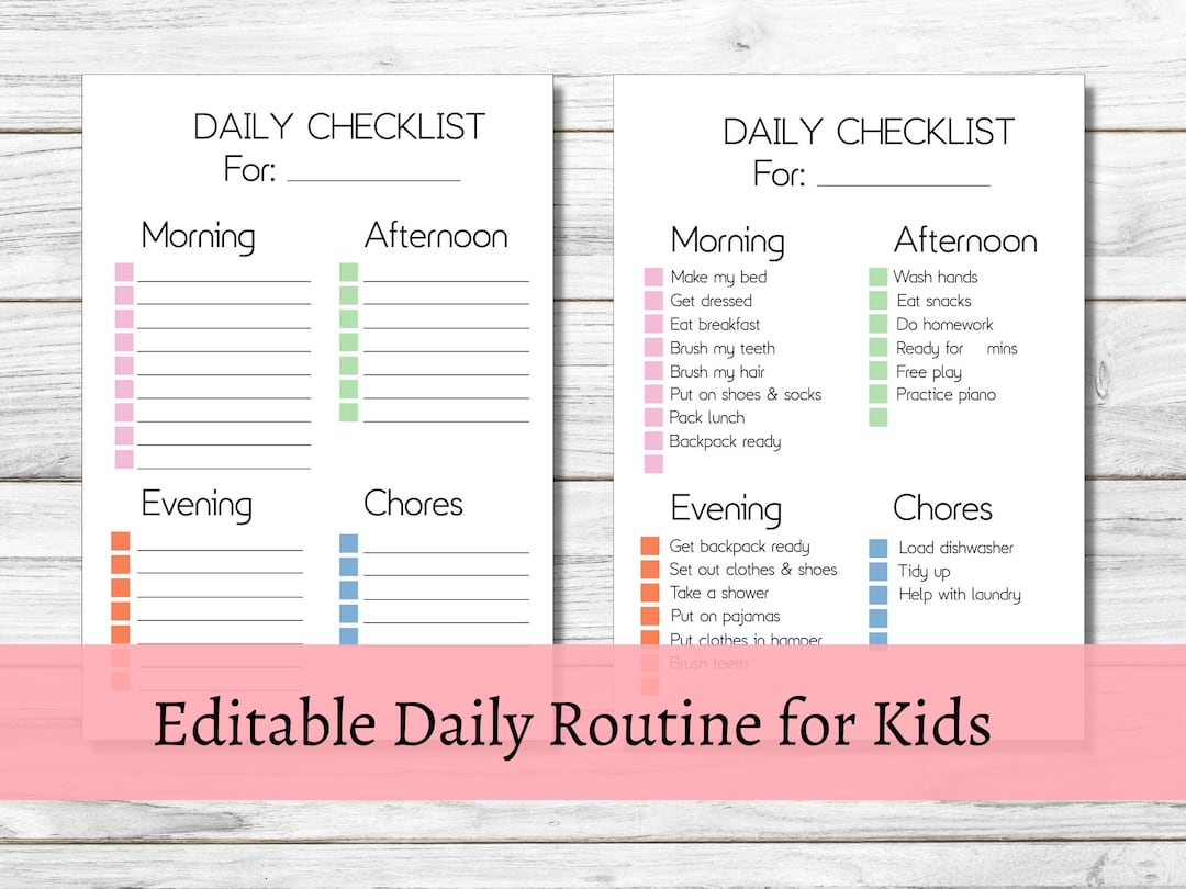 Chore Chart for Kids,daily Checklist Editable, Daily Routine Printable ...