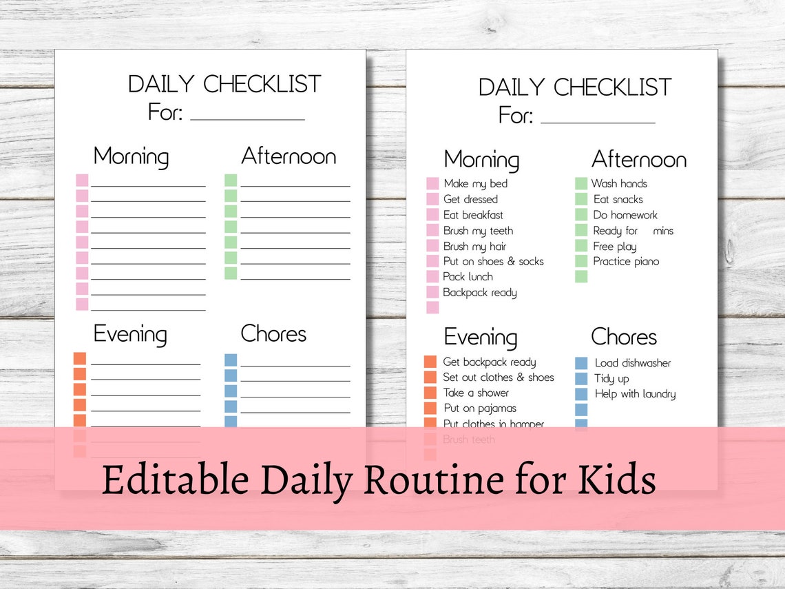Chore Chart for Kids,daily Checklist Editable, Daily Routine Printable ...