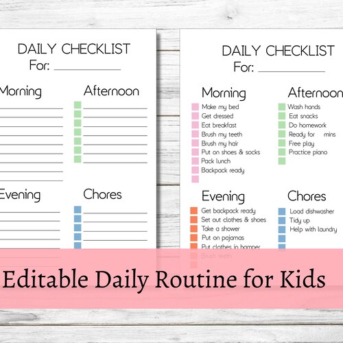 Chore Chart for Kidsdaily Checklist Editable Daily Routine | Etsy
