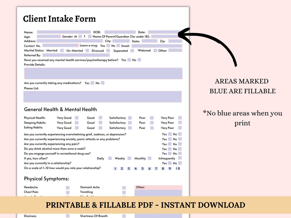 Therapy Client Intake Form Template: Fillable & Printable Counseling ...